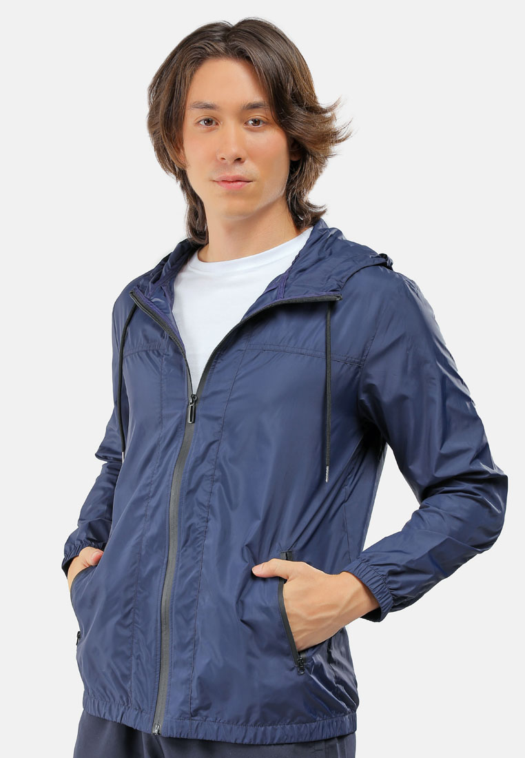 Windbreaker with Hoodie 100% Polyester- Navy (M) - Panbasic